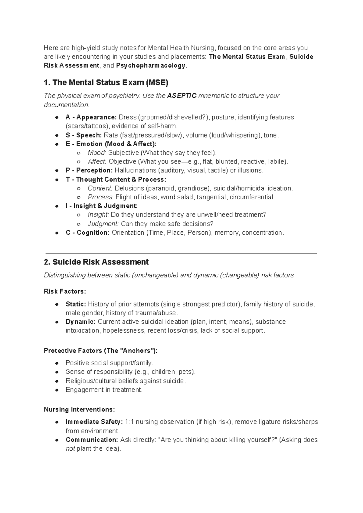 Mental Health Nursing Study Notes: MSE, Suicide Risk ...