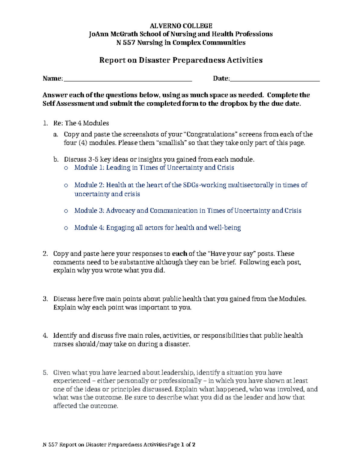 N 557 Unit 10 Worksheet on Disaster Preparedness Activities SP 2024 ...