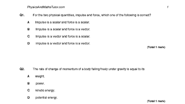 Momentum - Practice Questions for Physics 101 - Studocu