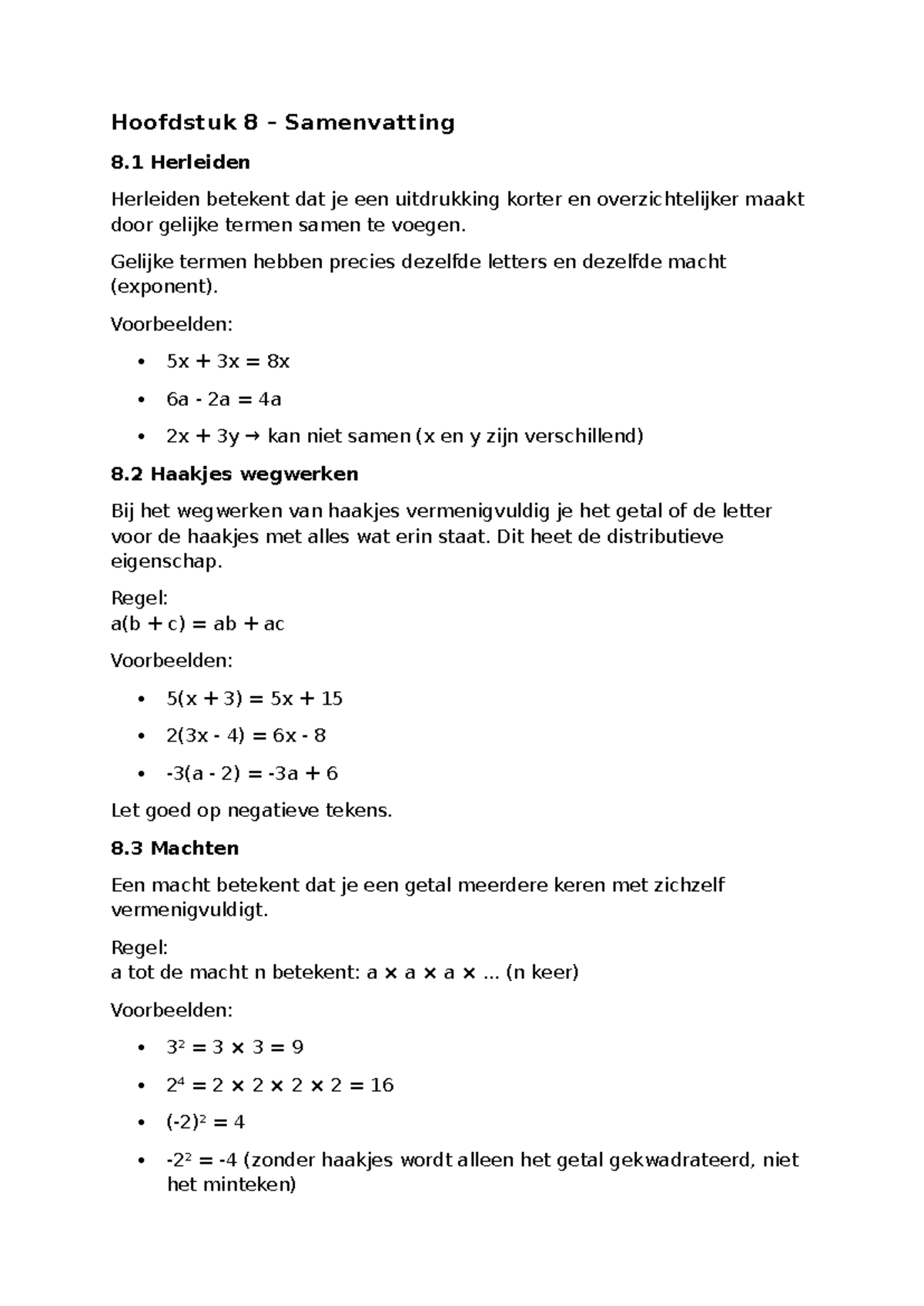 Wiskunde Hoofdstuk 8: Samenvatting van Herleiden en Machten - Studeersnel