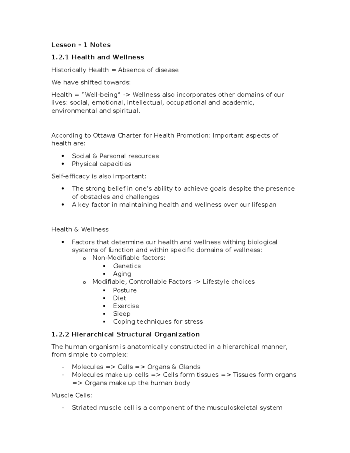 Lesson 1 Wrap-Up - Lesson – 1 Notes 1.2 Health and Wellness ...
