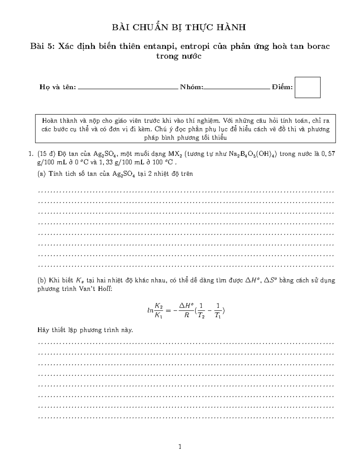 BÀI THỰC HÀNH Bài 5: Biến Thiên Enthalpy và Entropy Phản Ứng Borac ...