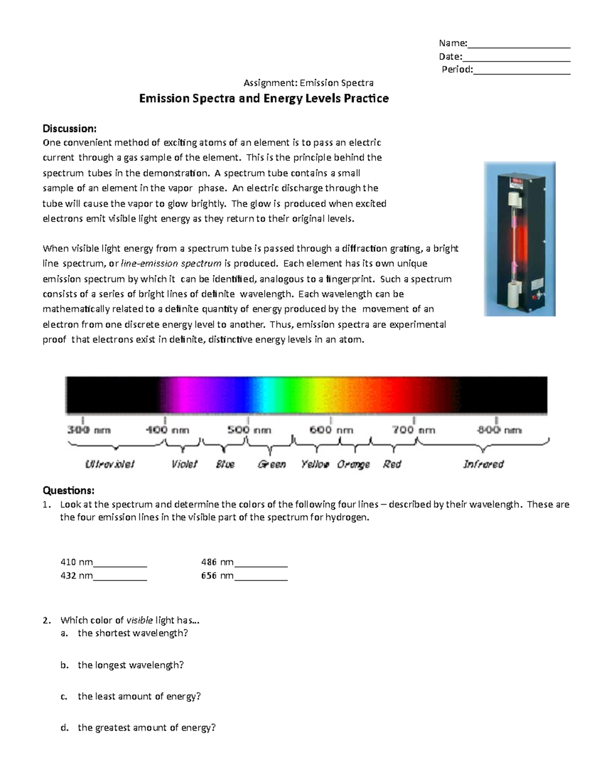 Emission Spectra Practice Assignment: Understanding Energy Levels - Studocu