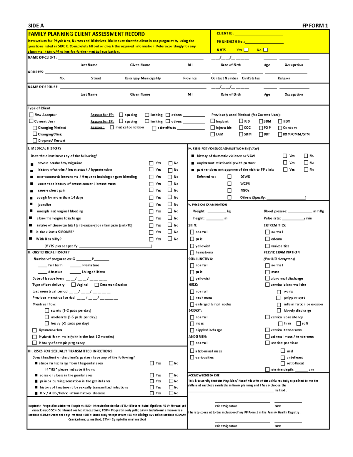 Family Planning Client Assessment Record (FP Form 1) 2016 - Studocu