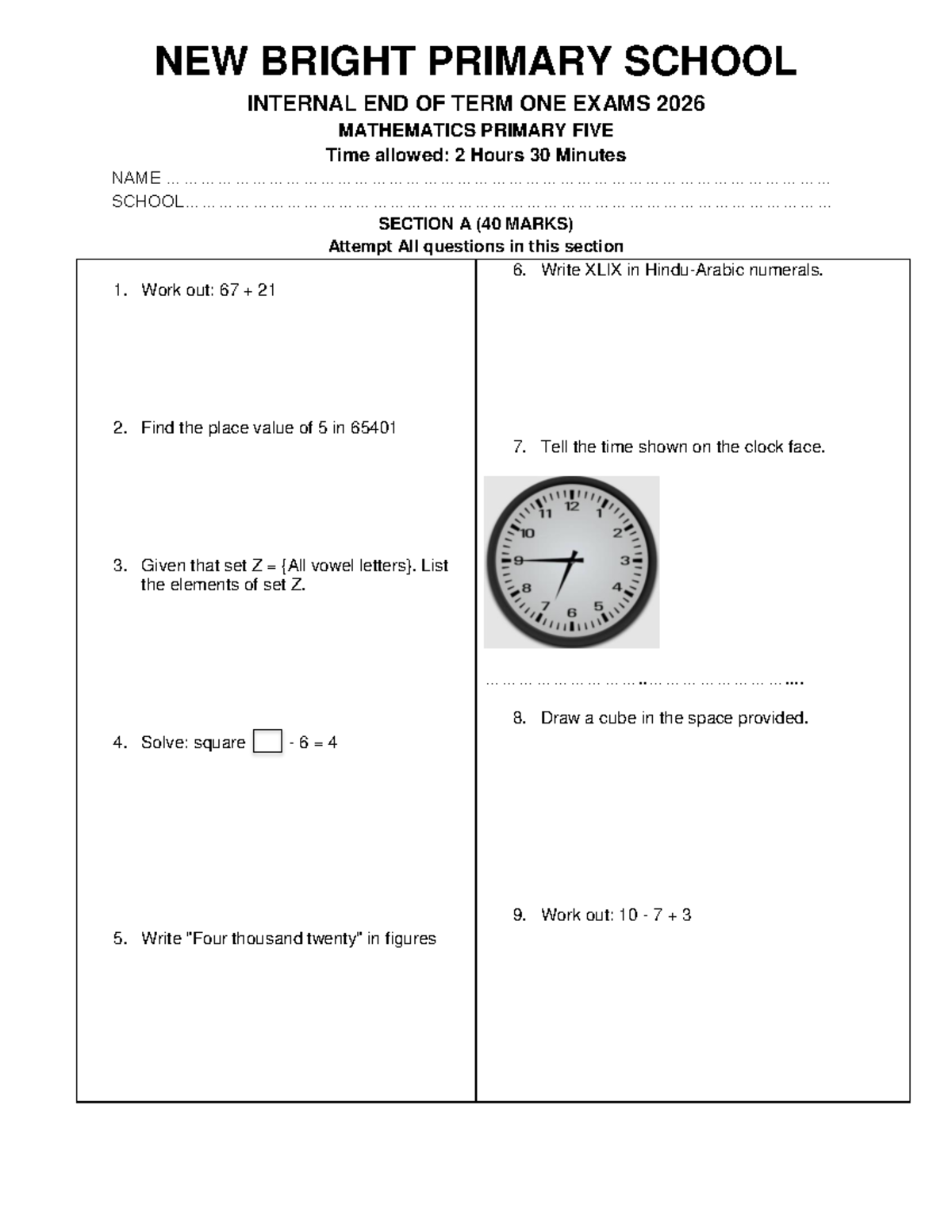 P.5 MATH EOT1 2026 EXAM QUESTIONS & ANSWERS - Studocu