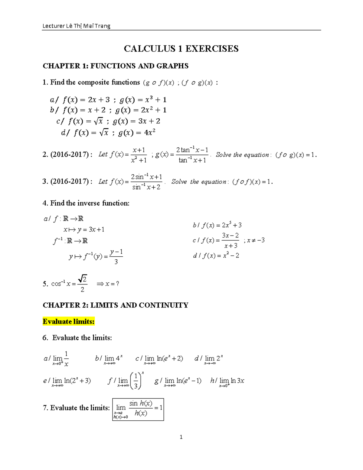 Calculus 1 - Solutions to Exercises and Limit Evaluations - Studocu