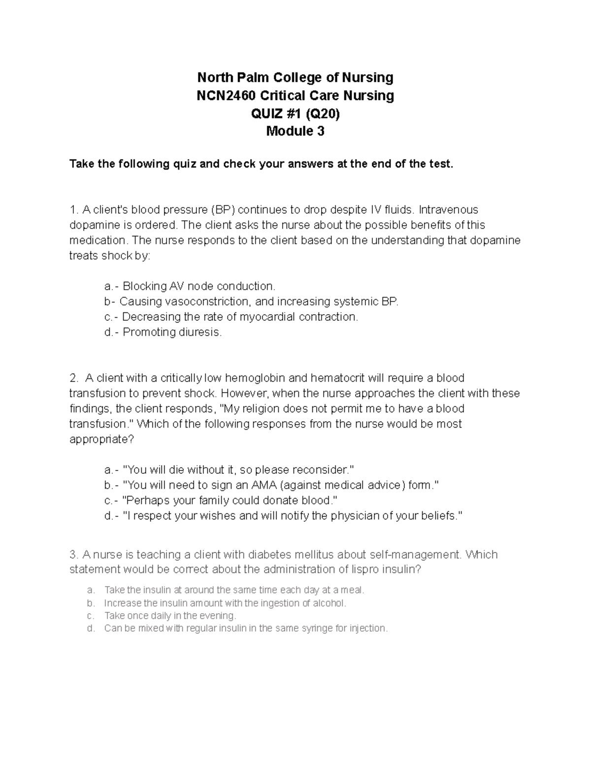 NCN2460 Critical Care Nursing Practice QUIZ - Module 3 - Studocu