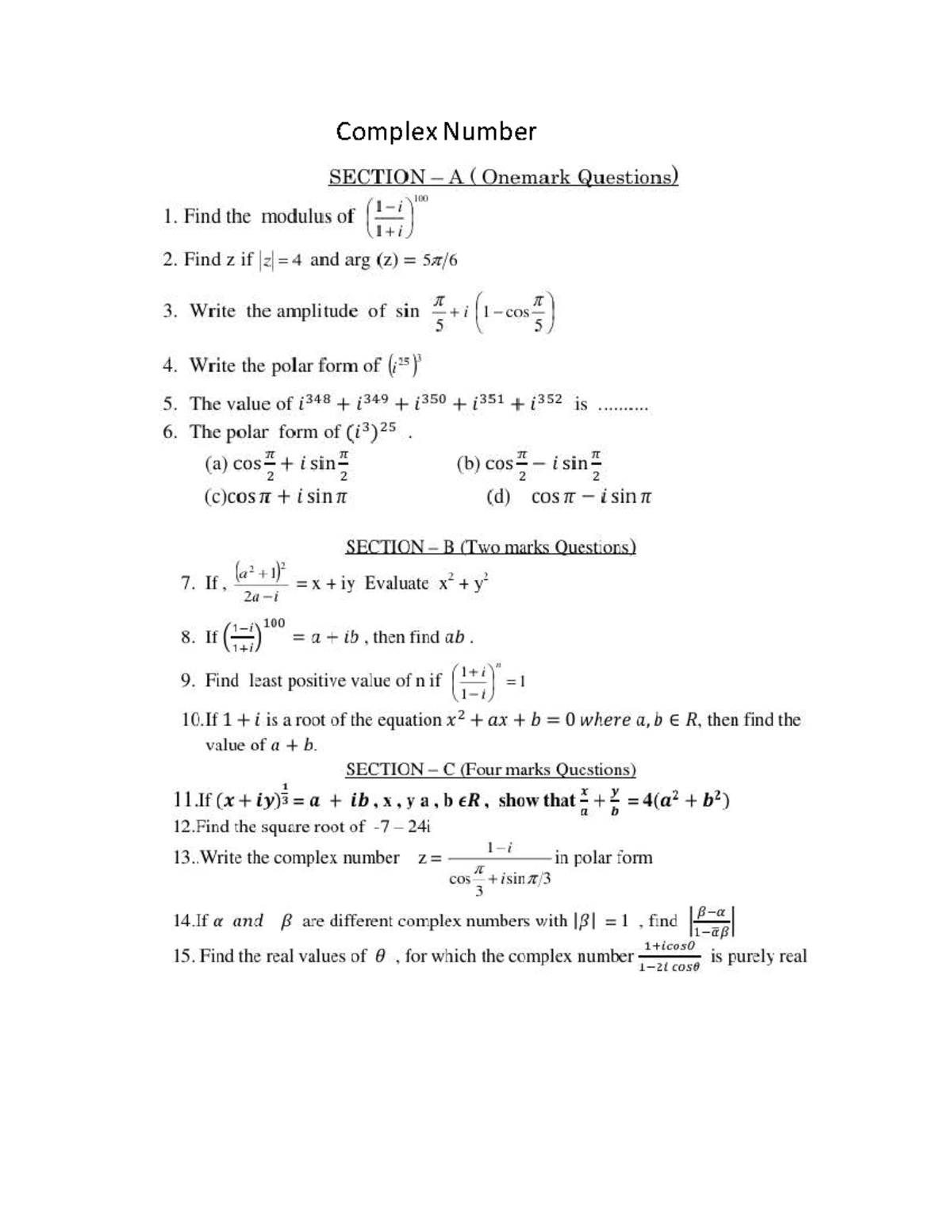 Complex Number A (Holiday HW) - Onemark & Twomark Qs - Studocu