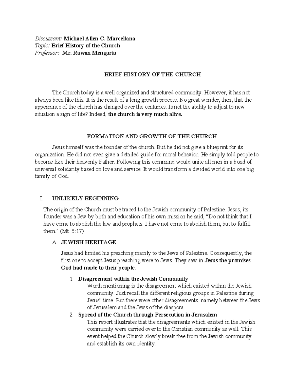 HIST 101: Brief History of the Church - Formation and Growth - Studocu