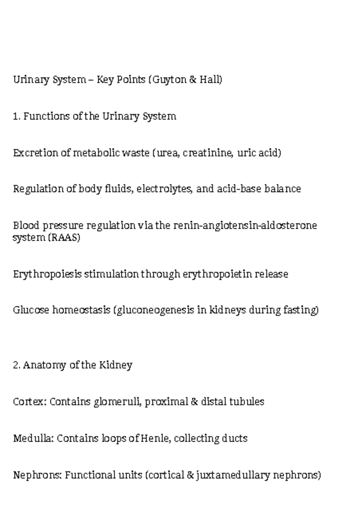 Urinary system - Point - Urinary System – Key Points (Guyton & Hall) Functions of the Urinary ...
