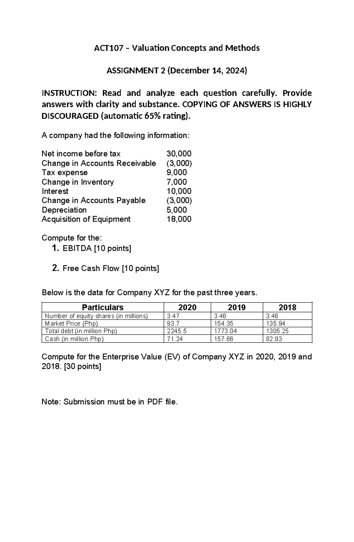 Assignment 2 - December 14, 2024 - ACT107 – Valuation Concepts and ...