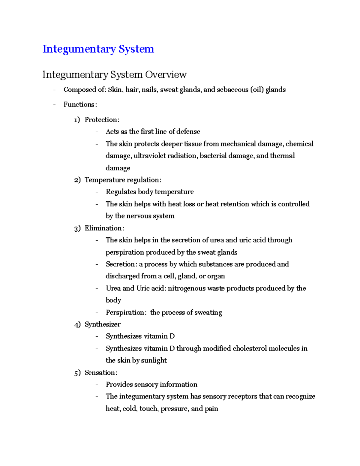 Integumentary System (BIO 101): Structure, Functions, and Disorders Overview - Studocu