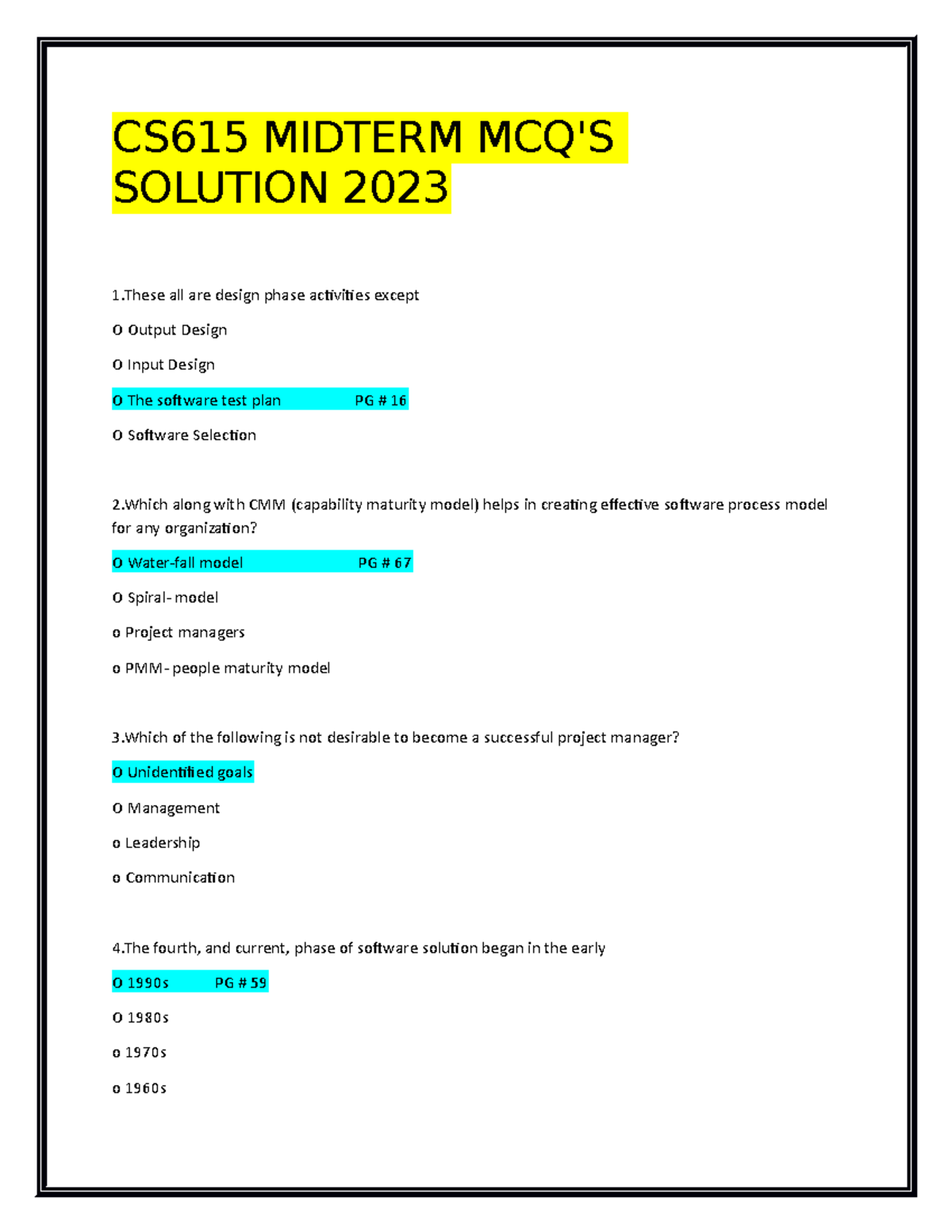 CS615 Midterm MCQ - CS615 MIDTERM MCQ'S SOLUTION 2023 1 all are design phase activities except O ...