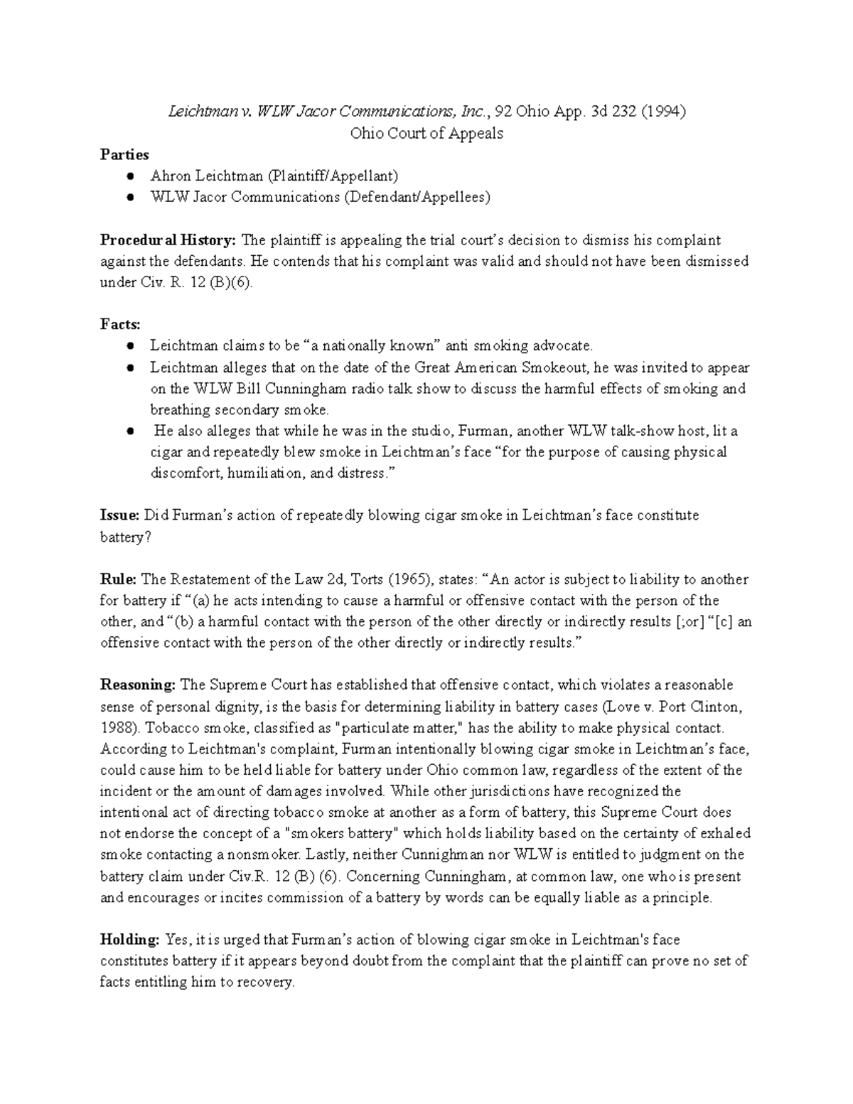 Leichtman v. WLW Jacor Comm. Case Brief: Battery & Procedural History ...