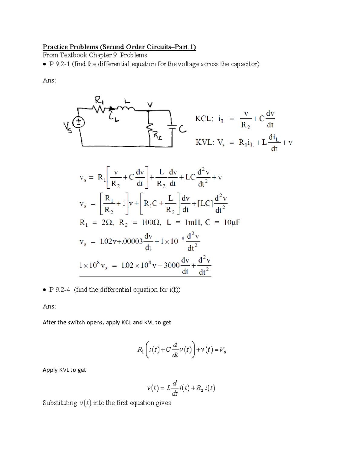 Practice Problems for Chapter 9 (Second Order Differential Equations ...