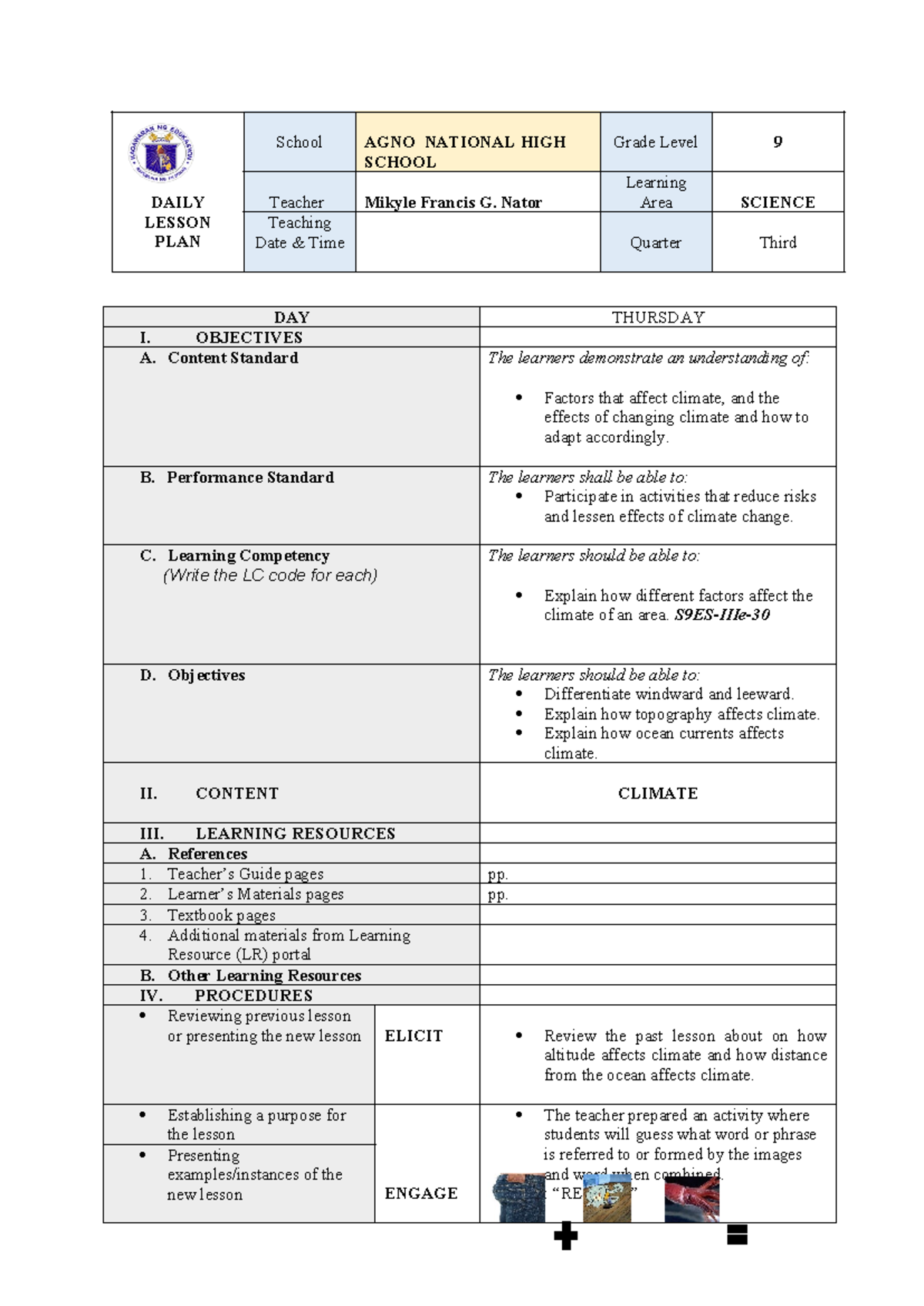 DLL a matter of time and life - DAILY LESSON PLAN School AGNO NATIONAL ...