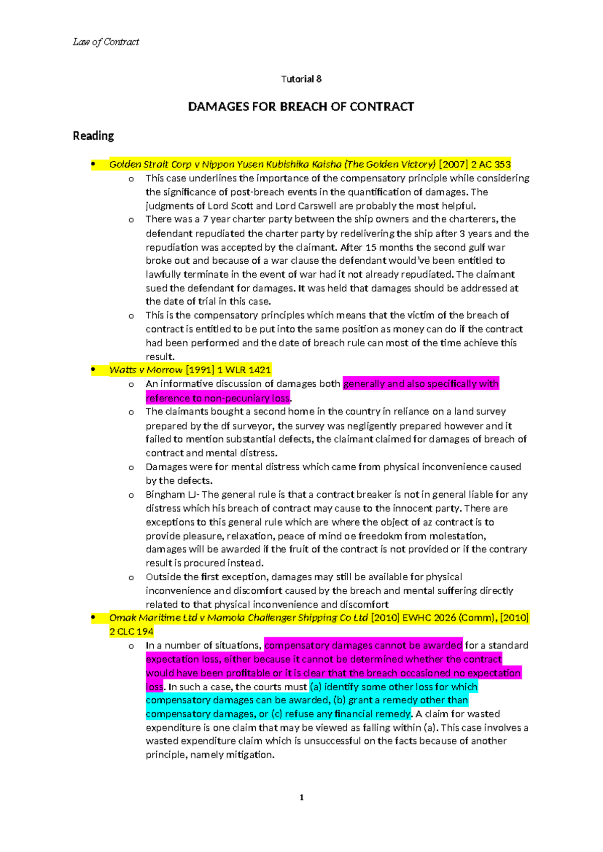 Law of Contract Tutorial 8: Damages for Breach of Contract Analysis ...