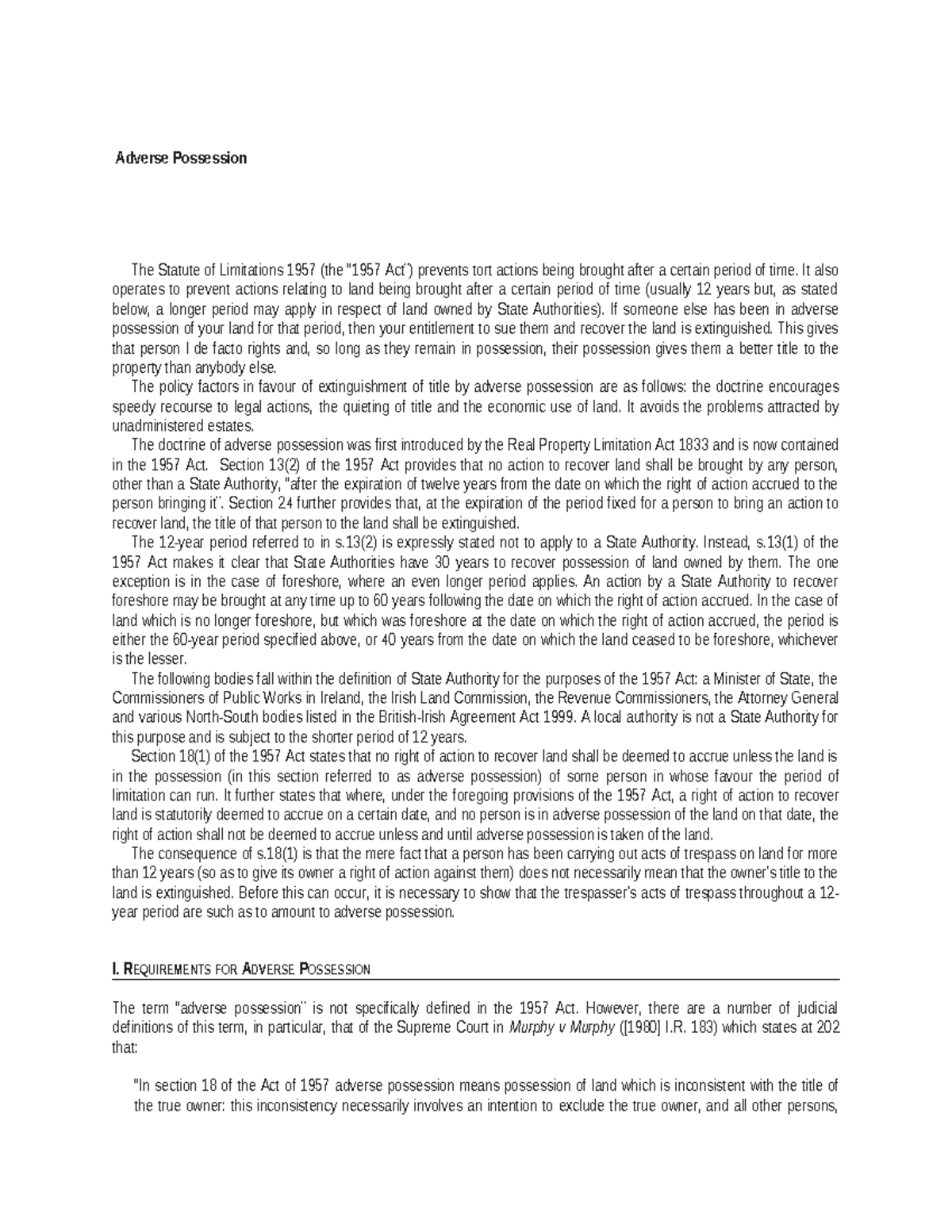 Topic 7: Adverse Possession and the 1957 Statute of Limitations - Studocu