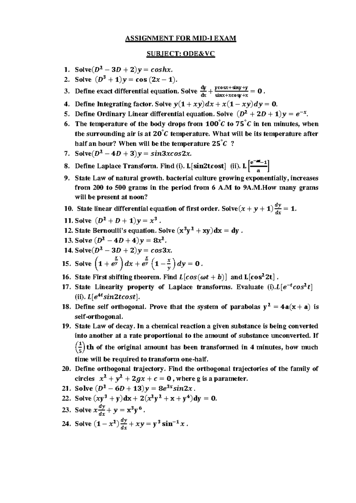 MID-1 IMP - Important Questions for Differential Equations Exam - Studocu