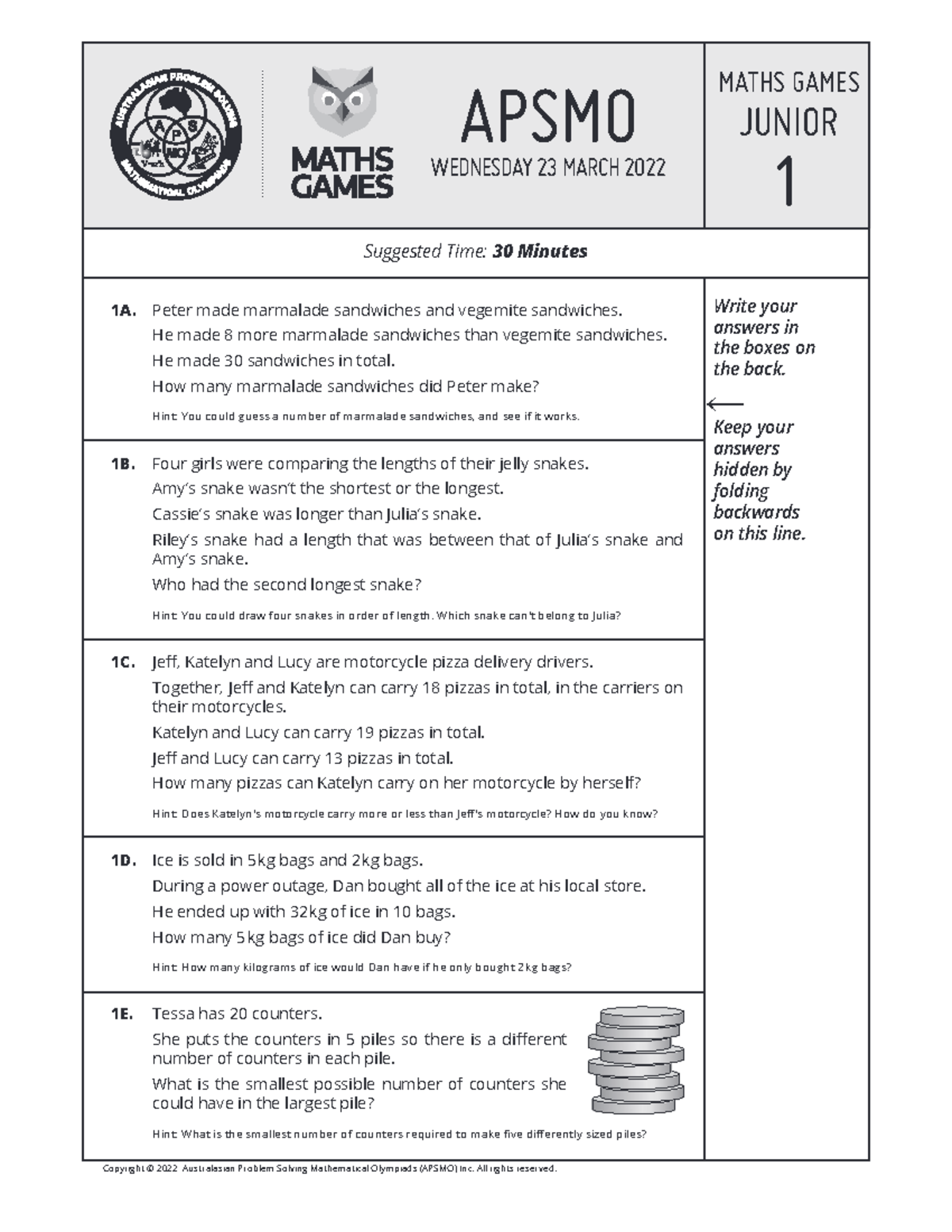 Maths Games Paper 1 - Year 5/6 - APSMO 2022 Solutions - Studocu