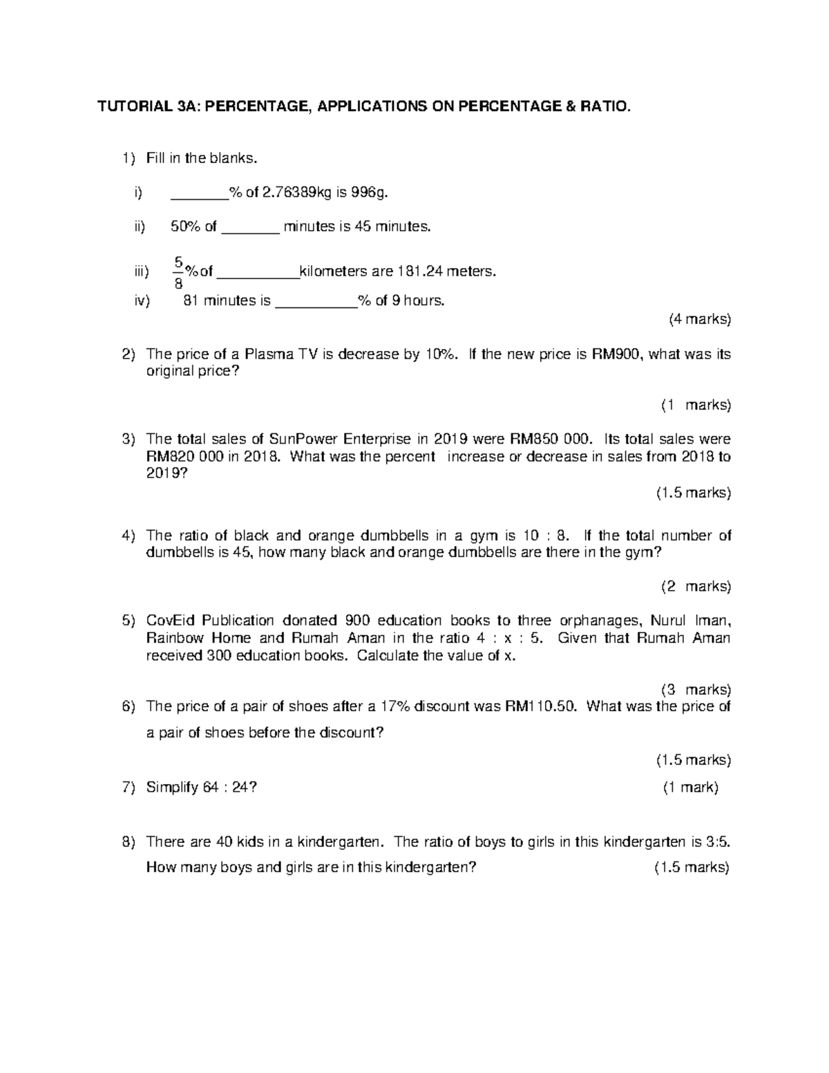 Tutorial 3A: Percentage Applications & Ratio Exercises - Studocu