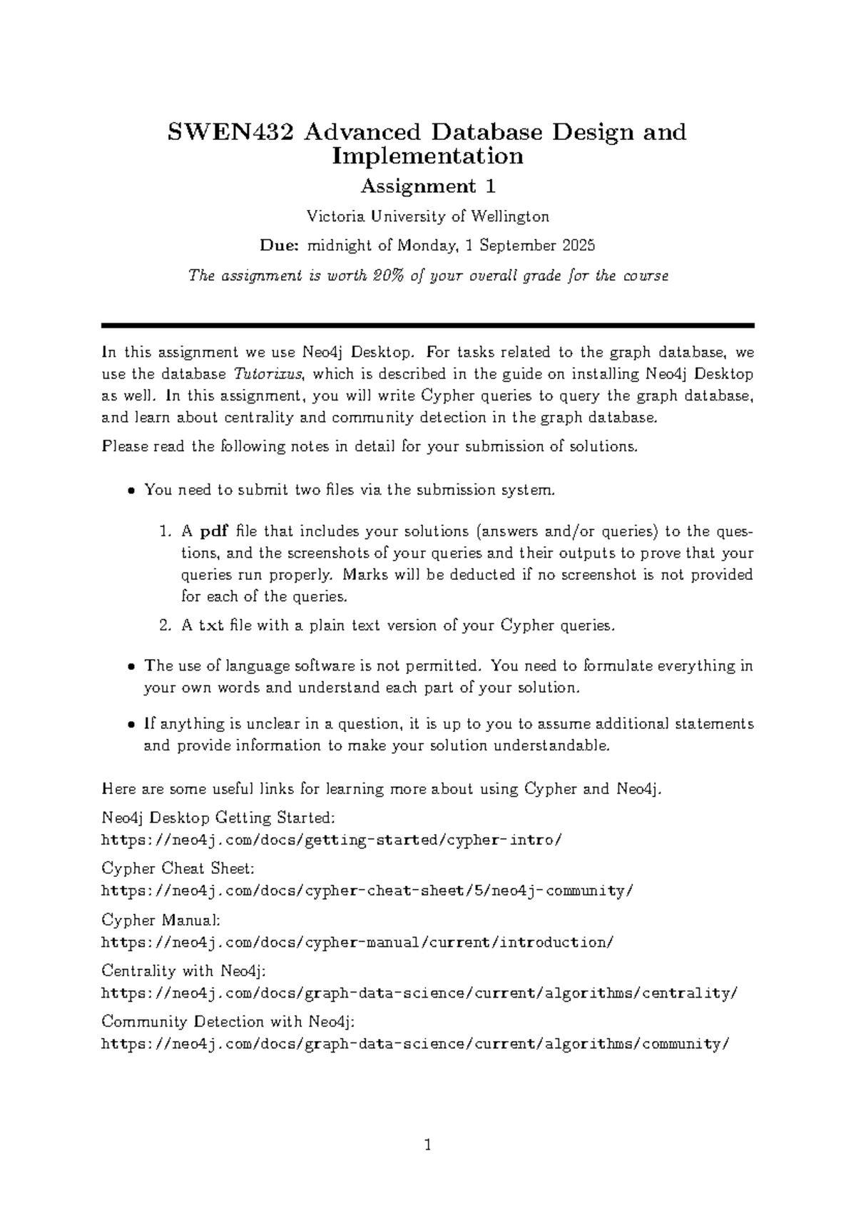 SWEN432 Advanced Database Design & Implementation: Assignment 1 Guide ...
