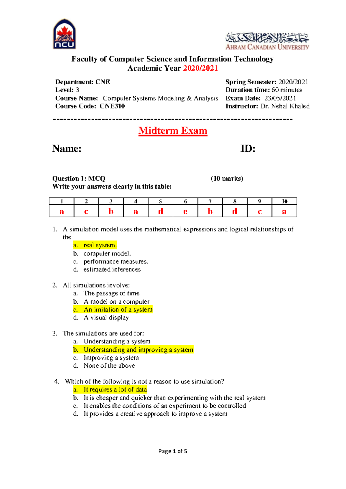 CNE310 Midterm Exam Model Answers for Computer Systems Modeling - Studocu