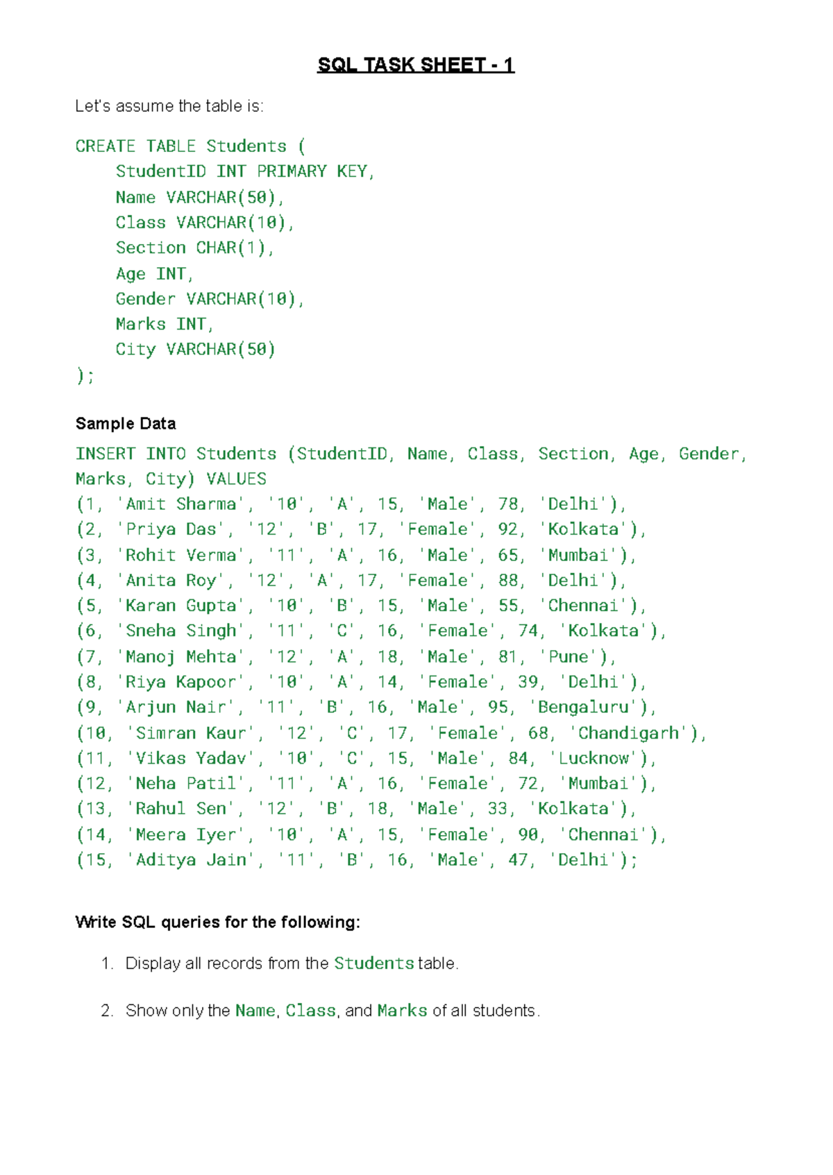 SQL TASK SHEET 1: Comprehensive SQL Queries and Commands - Studocu