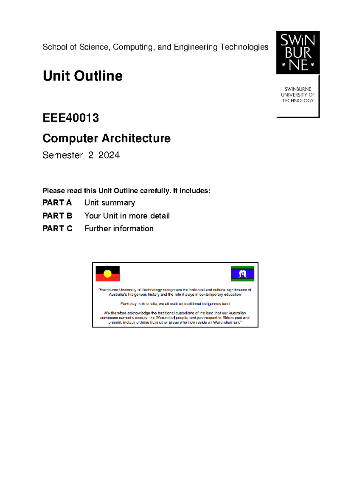 Computer Architecture Unit Outline - School of Science, Computing, and ...