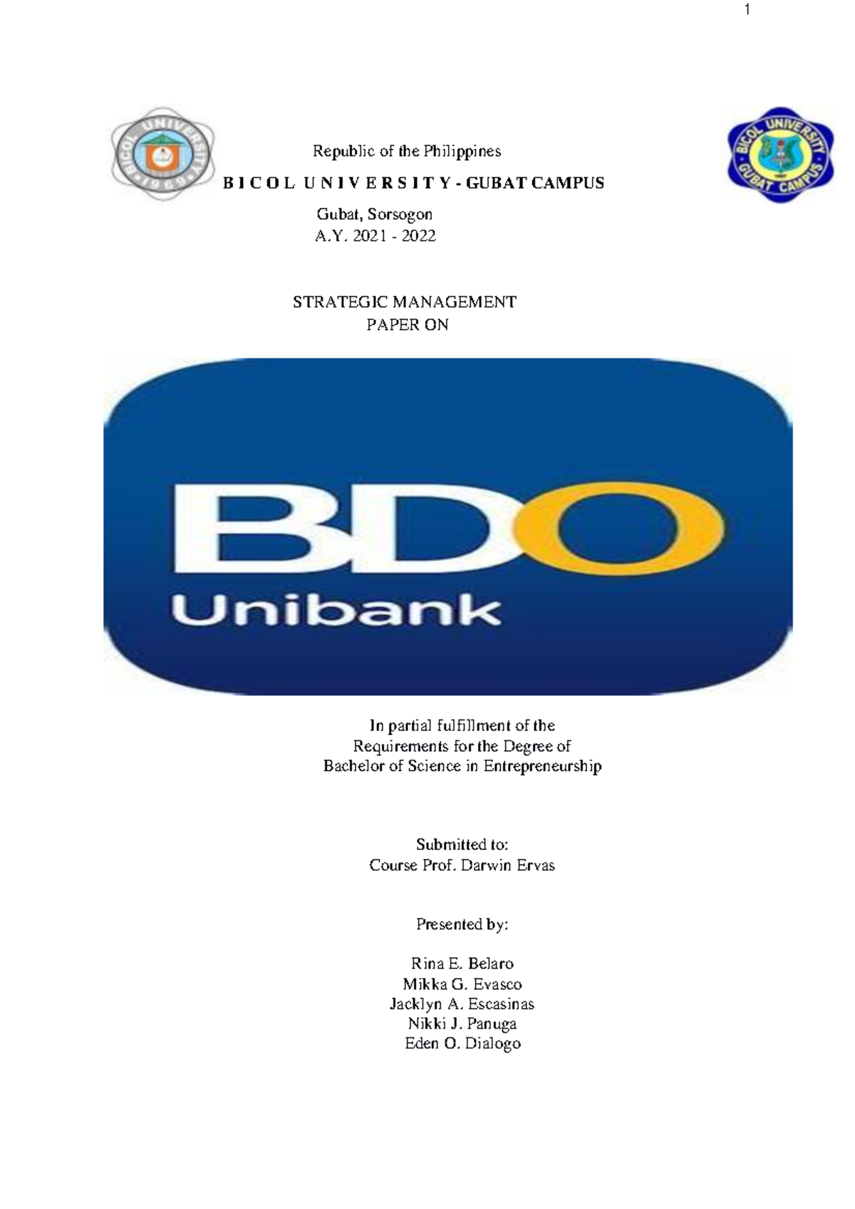 Strategic Management Paper on BDO: Insights and Analysis for BS Entrep ...