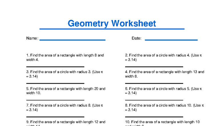 Geometry Worksheet 5: Area Calculations & Basic Questions - Studocu