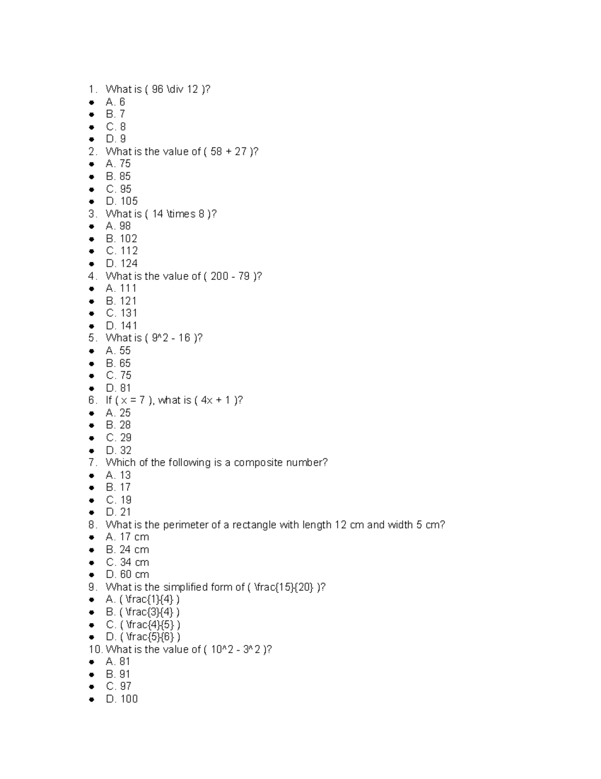 Math Quiz (Course Code: 96 12) - Practice Questions and Answers - Studocu