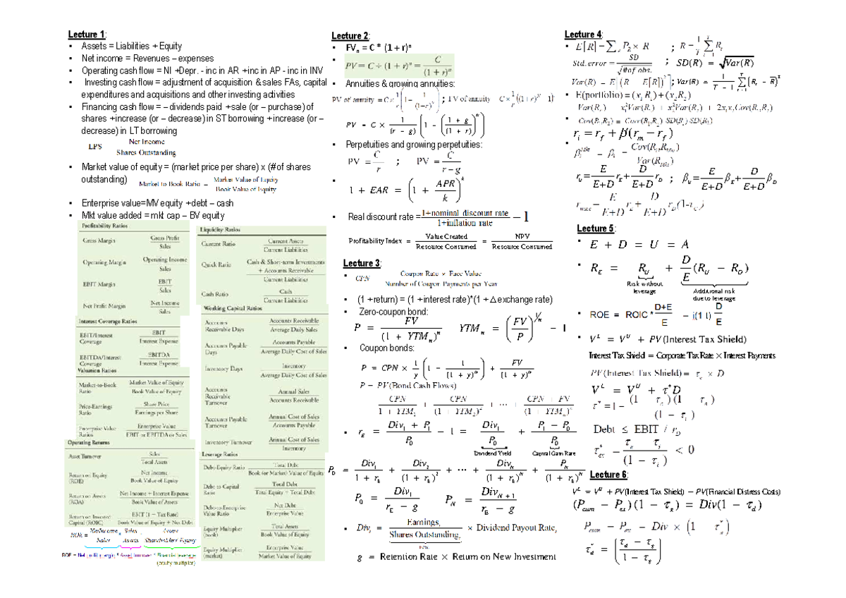 Key Corporate Finance Formulas - Lecture Notes for Course CF101 ...