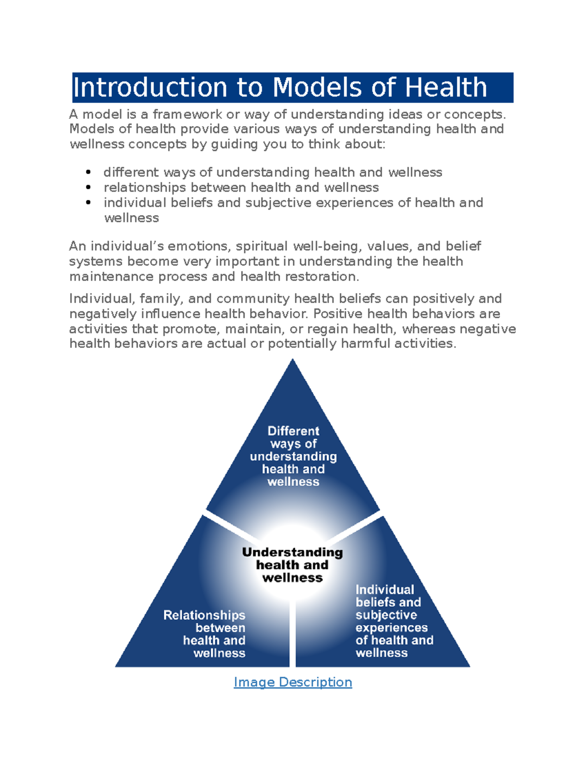 Edapt wk 1 Models of health - Introduction to Models of Health A model ...