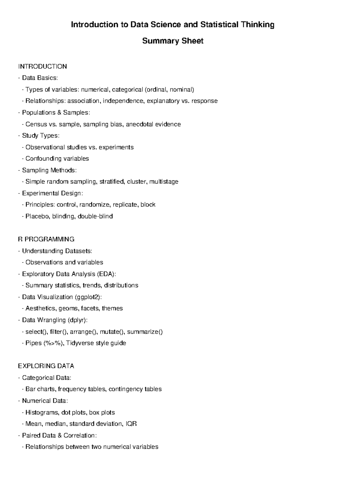 Data Science and Statistical Thinking Summary Sheet (DS101) - Studocu