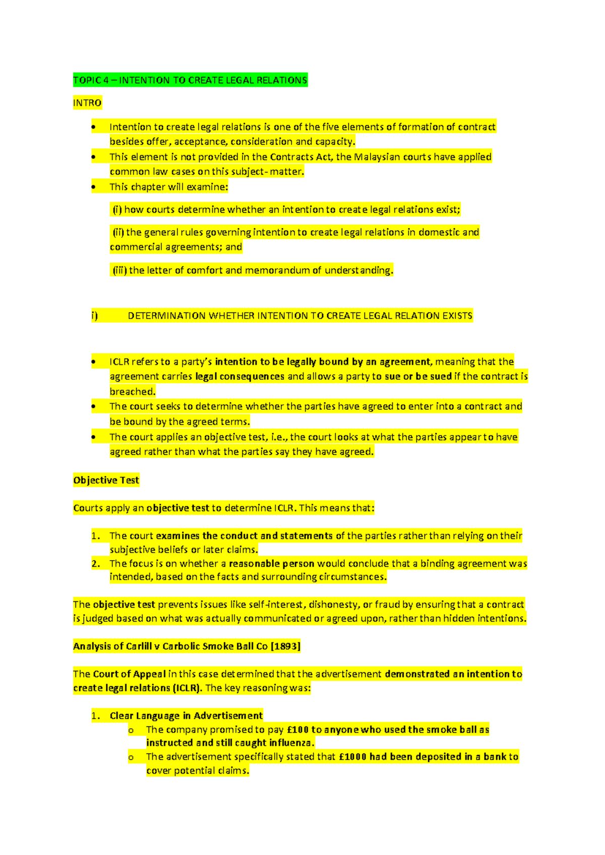 Contract Law Notes: Intention to Create Legal Relations Overview - Studocu