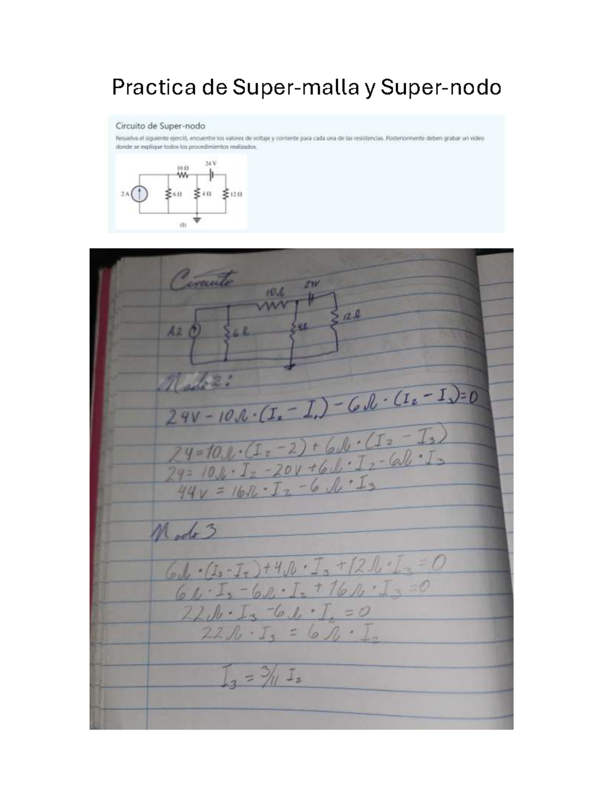 Práctica de Super-malla y Super-nodo: Cálculo de Voltaje y Corriente ...