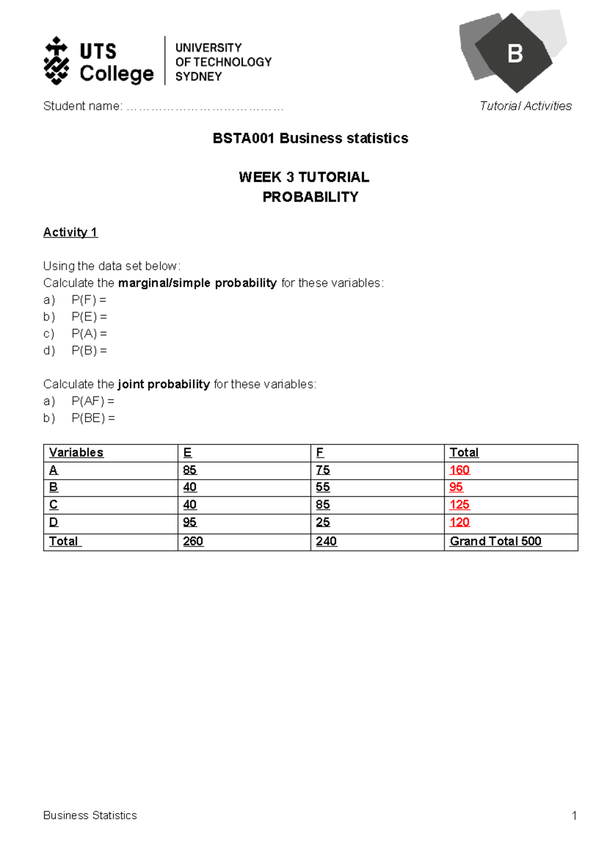 BSTA001 Week 3 Tutorial: Probability Activities and Calculations - Studocu