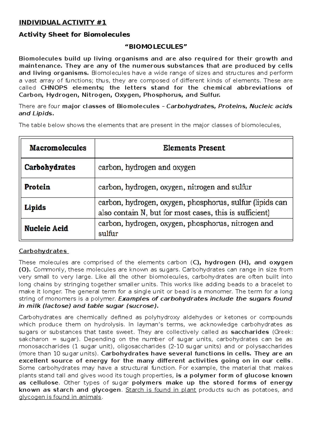 INDIVIDUAL ACTIVITY 1: Understanding Biomolecules and Their Functions ...