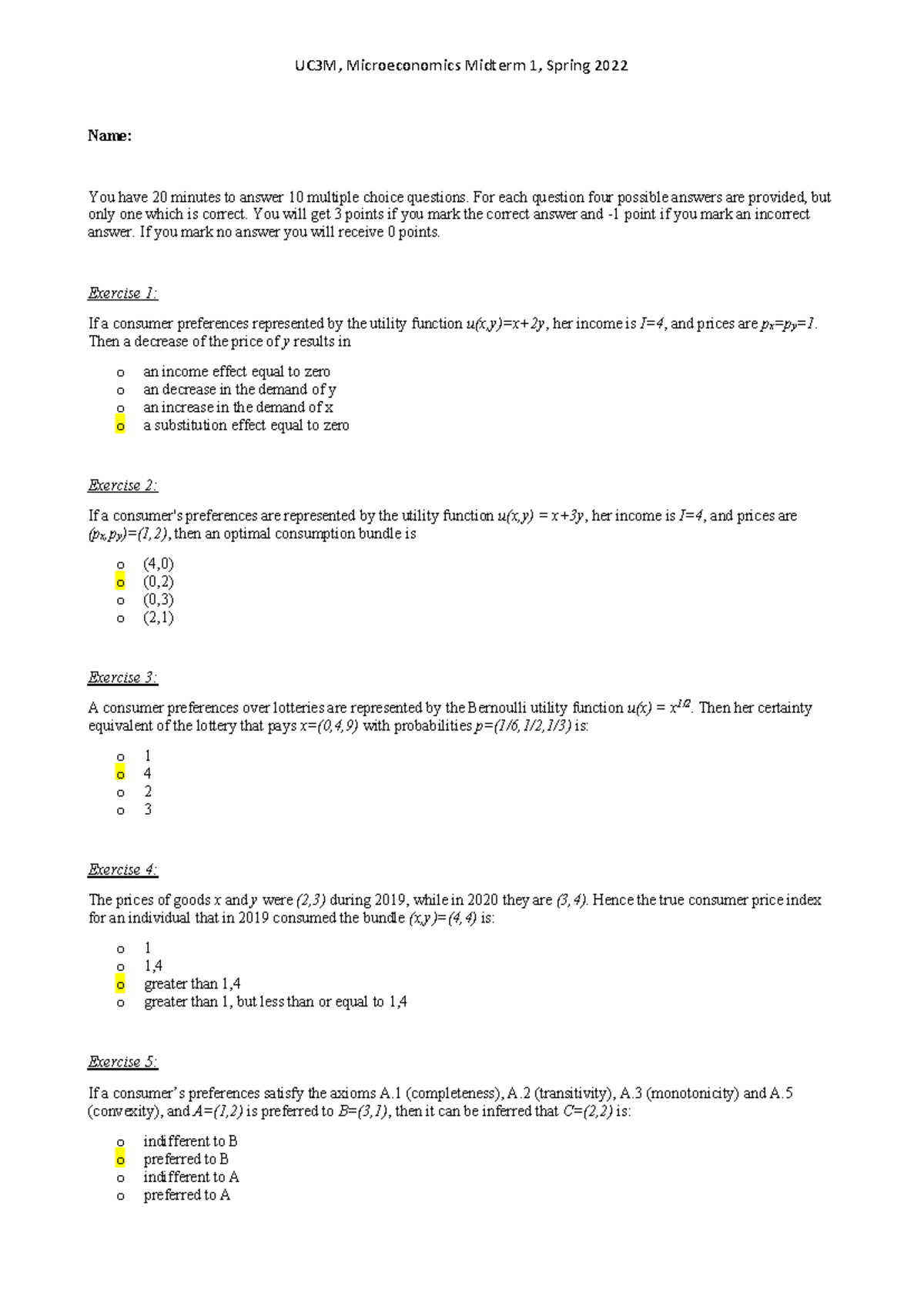 Microeconomics-Midterm Mock Exam - Spring 2022 (UC3M) - Studocu