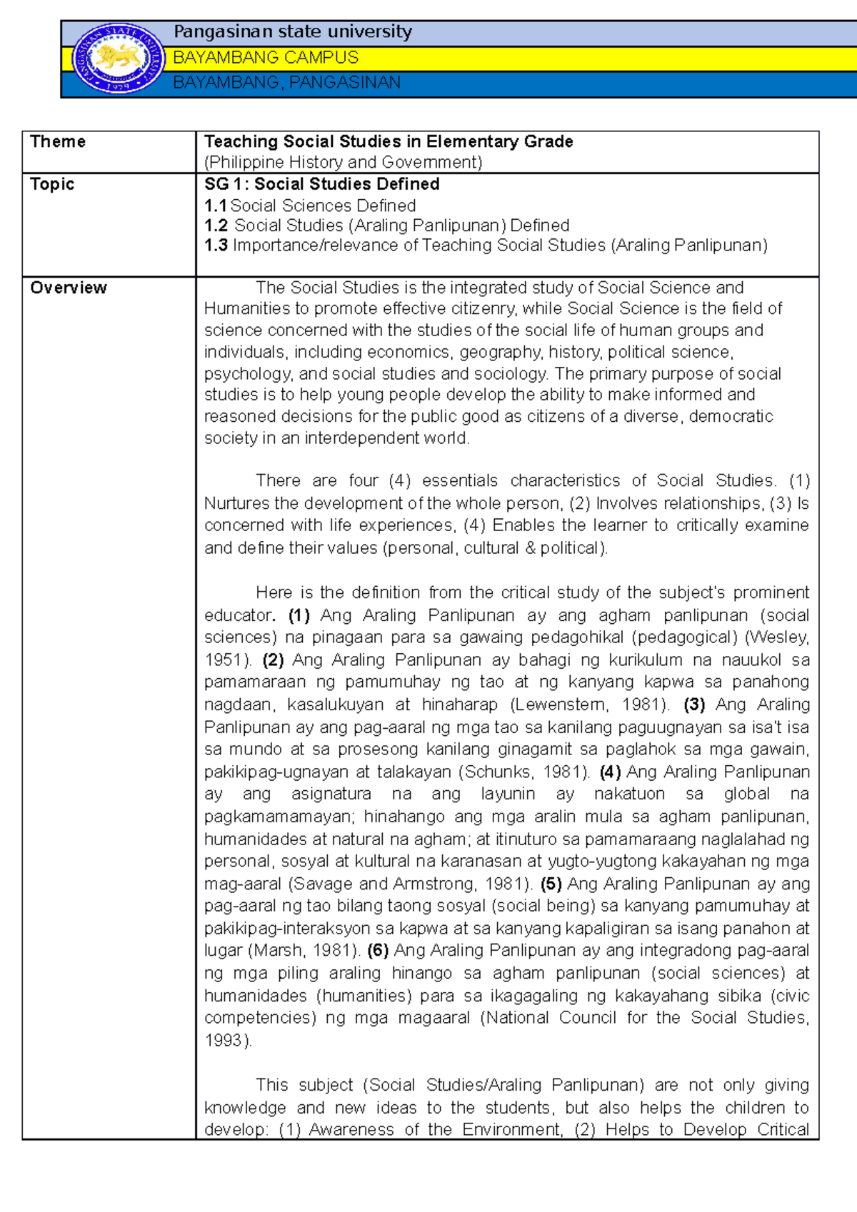 EGE-101-SG1 - Teaching Social Studies in elementary grades - Pangasinan state university ...