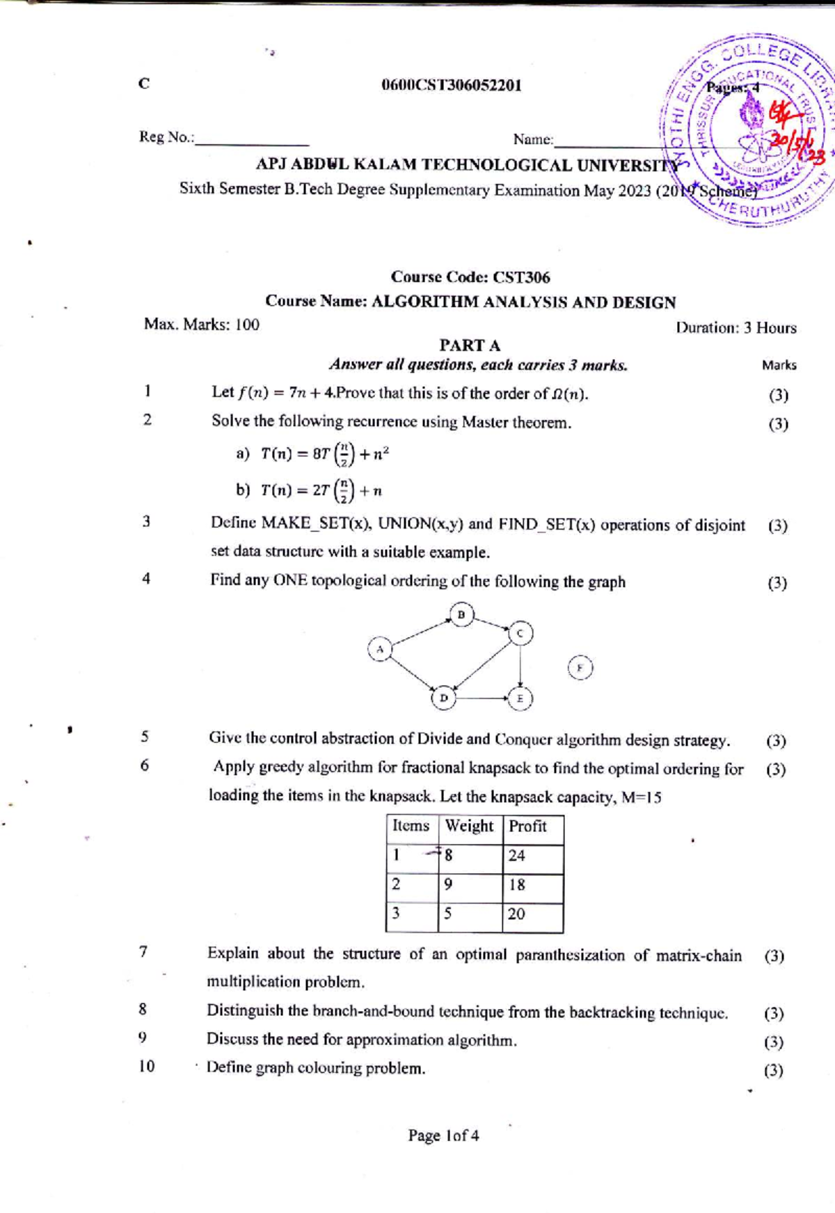 CST306 Algorithm Analysis and Design - May 2023 Exam Notes - Studocu