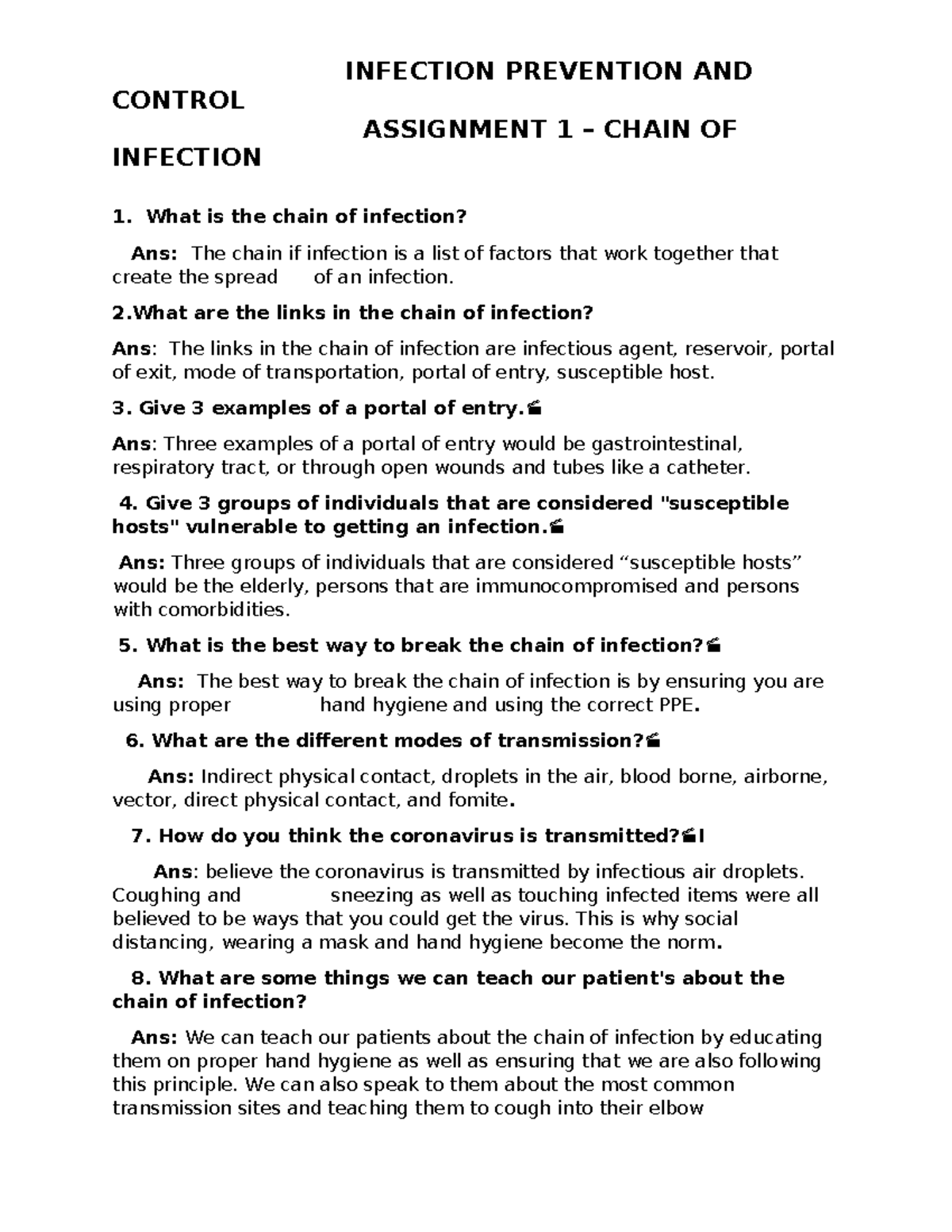 Infection Chain Overview - Infection Prevention & Control Assignment 1 ...