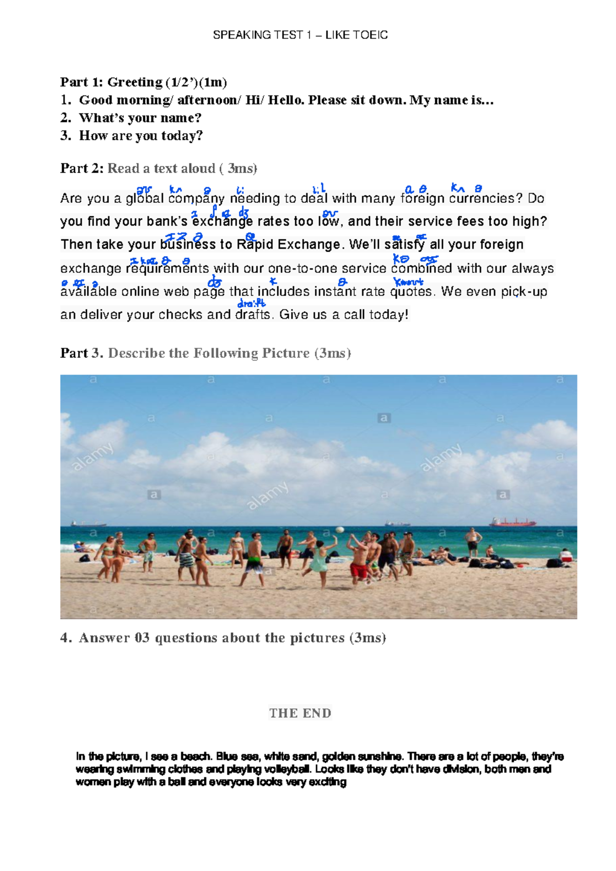 SPEAKING TEST 3: TOEIC Style Practice and Picture Description - Studocu