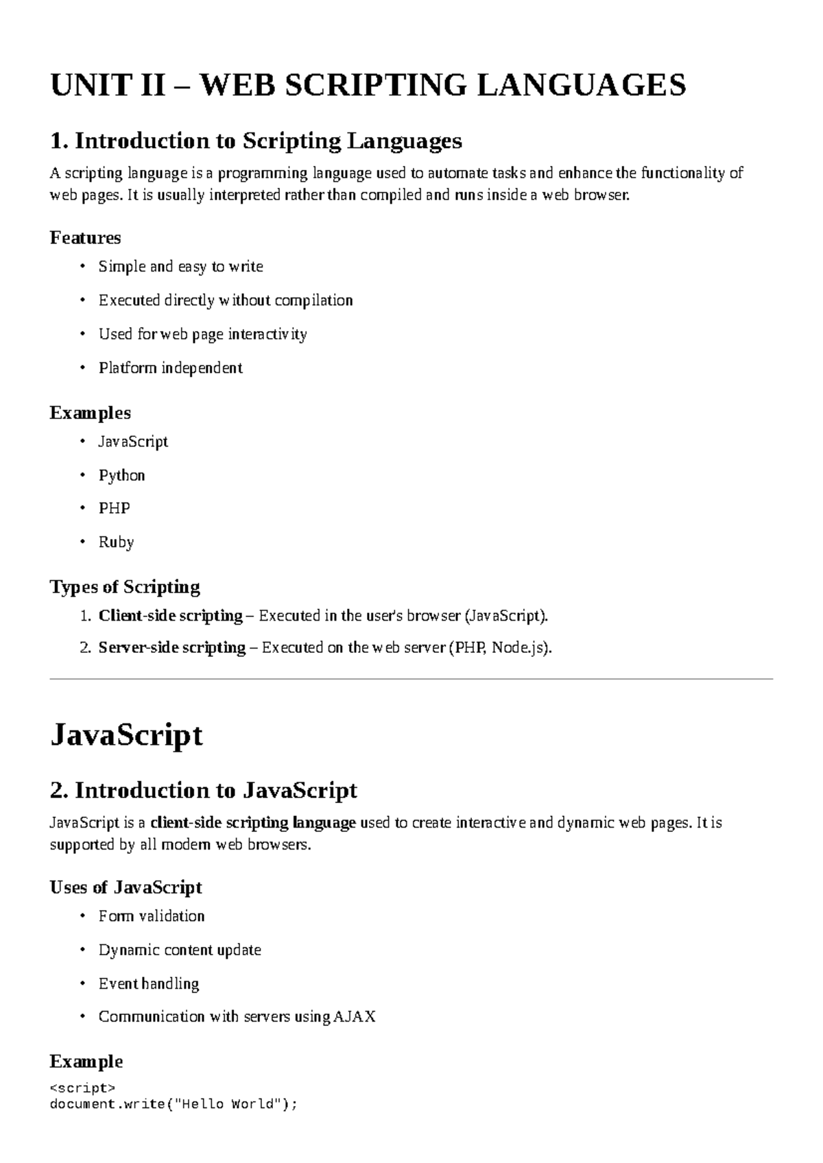 WAD 2 - Web Scripting Languages: JavaScript & AJAX Overview - Studocu
