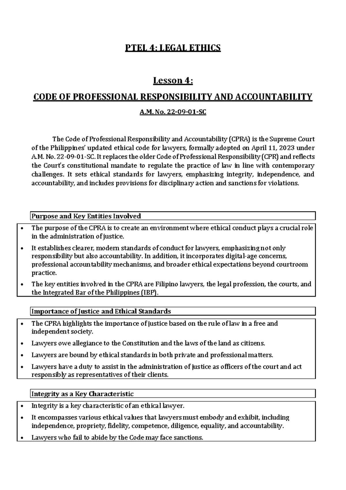 PTEL 4: LEGAL ETHICS Lesson 4 - Code of Professional Responsibility ...