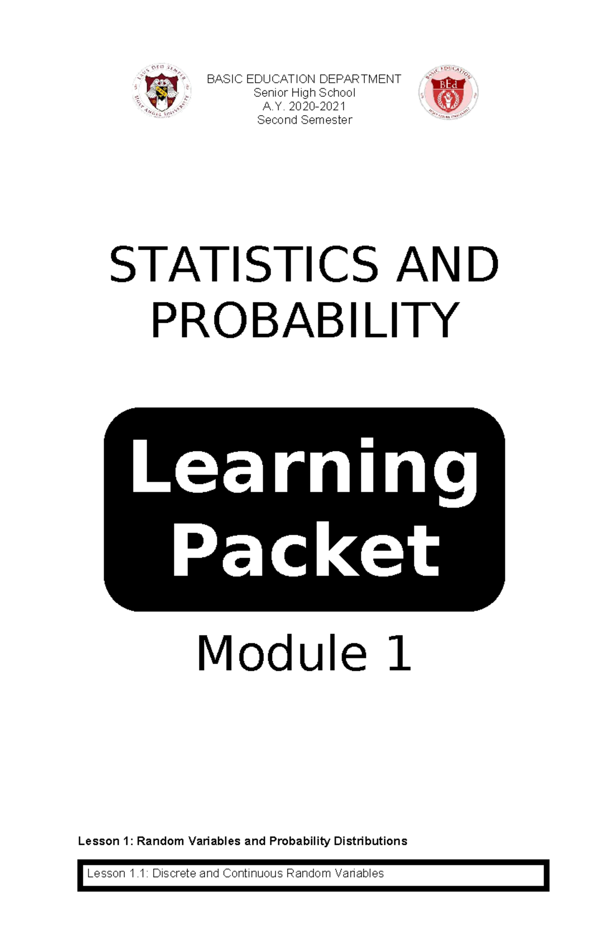 BASIC EDUCATION DEPT. Grade 11 Statistics & Probability Learning Packet ...