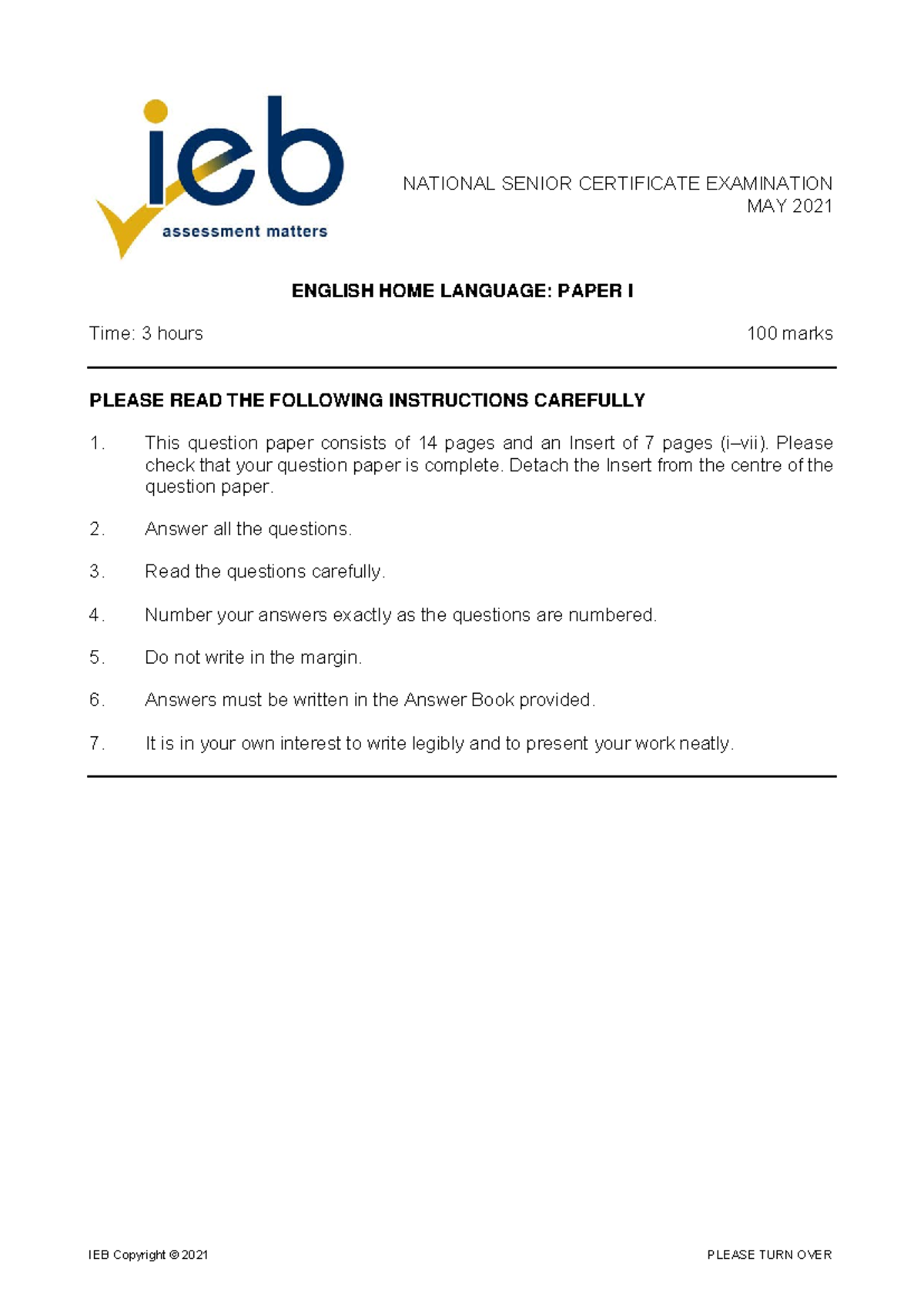 Past Exam Papers Grade 12 English HL IEB NSC - May 2021 - Studocu