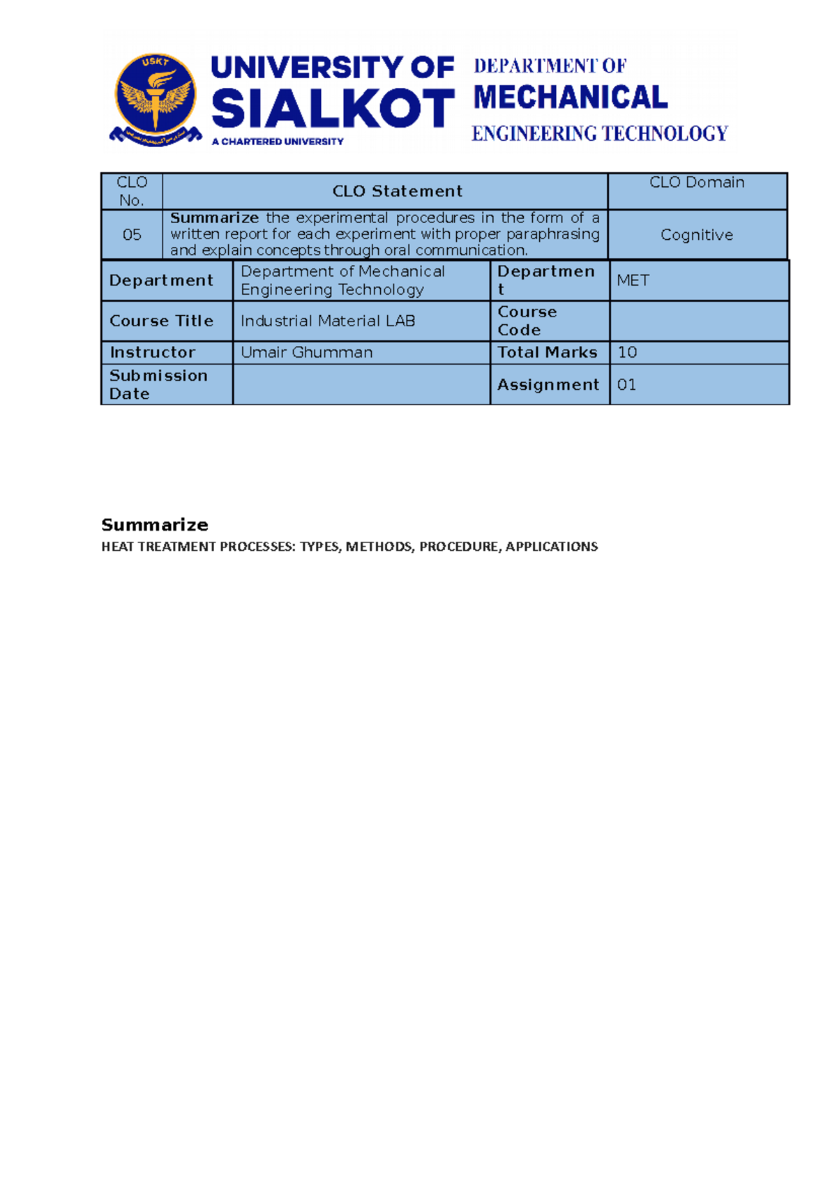 Assignment-01 - CLO No. CLO Statement CLO Domain 05 Summarize the ...