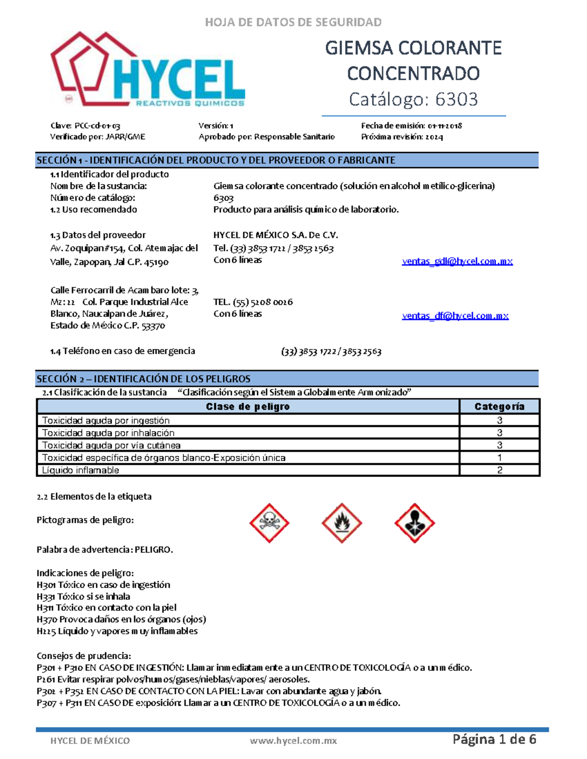 Hoja de Datos de Seguridad del Giemsa Colorante Hycel (PCC-cd-01-03 ...